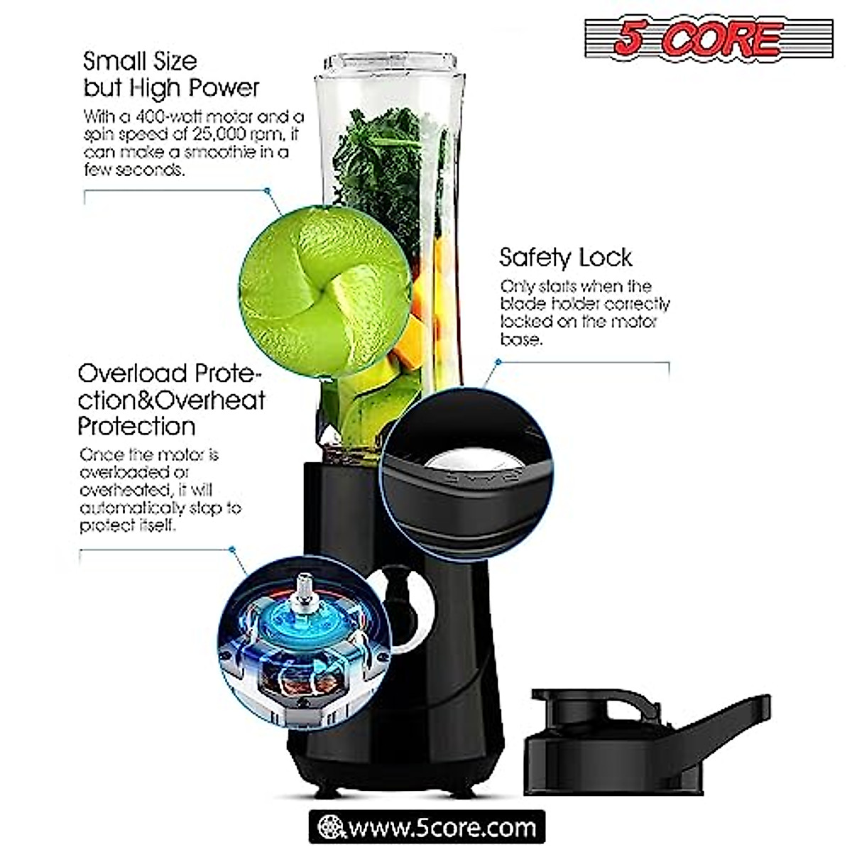 5 Core Smoothie Blender for Shakes and Smoothies, 500ml Powerful 160W Personal Blender & Smoothie Maker with Portable Bottle BPA Free 18 Oz, 4 Stainless Steel Blade, Blenders For Smoothie 5C 421