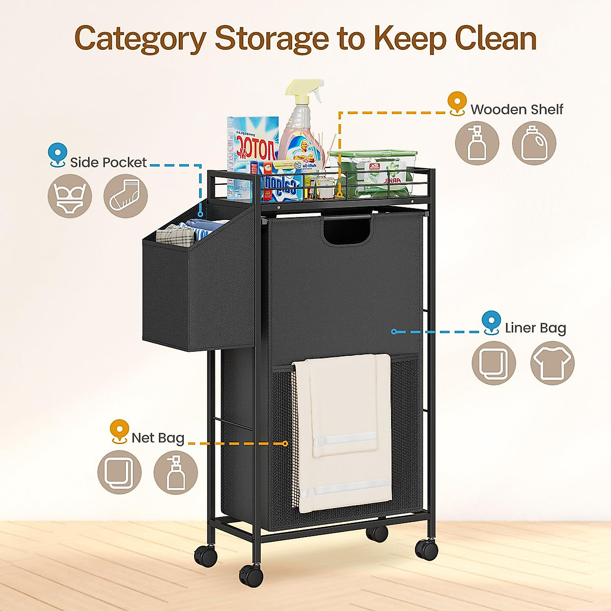 LASZOLA Slim Laundry Hamper with Wheels & Lid, 52L Thin Narrow Laundry Basket with Handle for Small Spaces, Tall Rolling Skinny Clothes Hamper with Removable Liner Bag, Side Pockets and Net Bag, Black