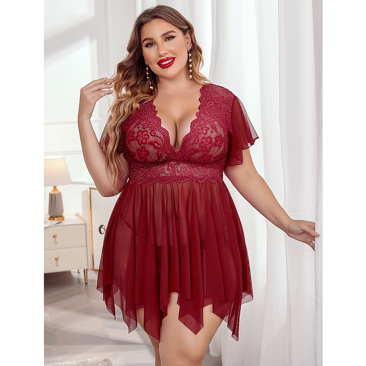 Avidlove Plus Lingerie for Women Lace Babydoll Sexy Chemise V Neck Mesh Sleepwear Dark Red