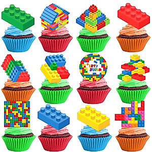 25 PCS Building Blocks Block Theme Happy Themed Birthday Party Cake Topper Cupcake Toppers Favors Supplies Decorations Decor Construction Gifts for Games Boys Girls Kids Baby Shower Rewards Carnival