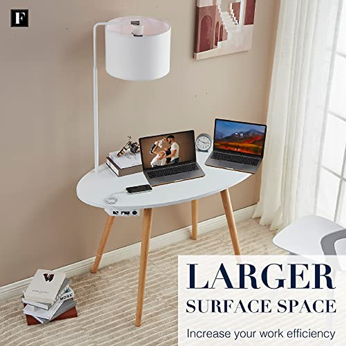 FENLO Future Oval - 45.5" Mid-Century Desk with Charging Station, Home Office Desk with USB, USB-C, and Power Outlet, Smart Work Table for Home Office, Round Table with USB Charging (White)
