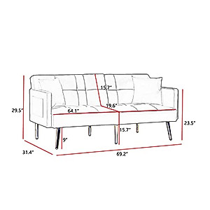 Obuvar Convertible Velvet Futon Sofa Bed, Upholstered Modern Sleeper Sofa with 2 Cup Holders, Modern Living Room Loveseat Couch with 3 Adjustable Angles and 6 Metal Legs, Off White (Line Backrest)