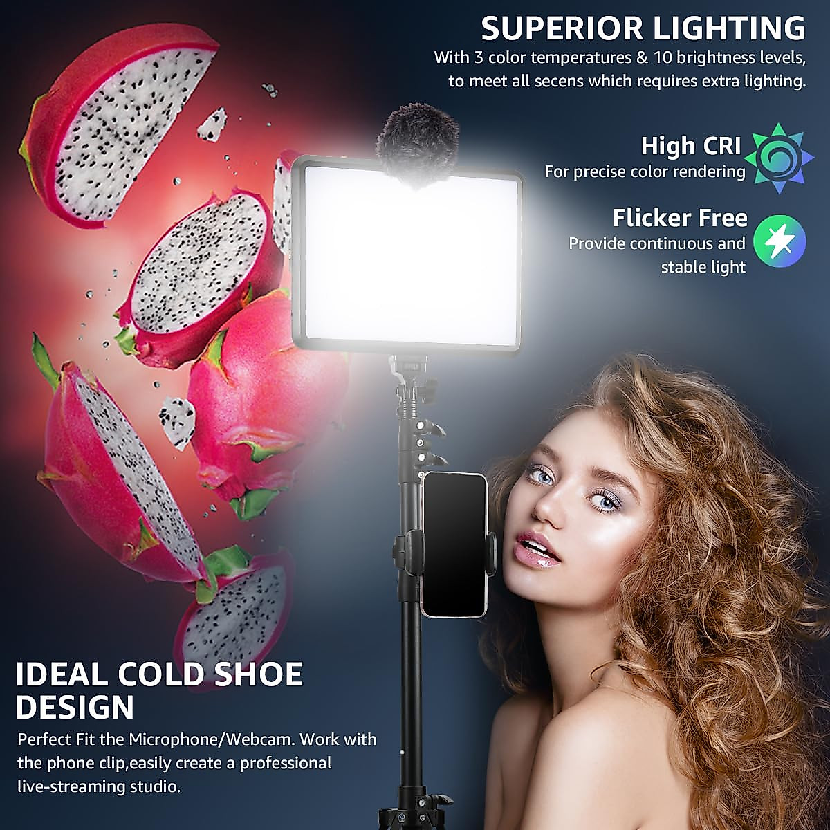 1-Pack LED Video Light Kit, NiceVeedi Photography Lighting Kit, 2800-6500K Dimmable Studio Light with Tripod Stand & Phone Holder, 73" Stream Light for Video Recording, Game Streaming, YouTube…