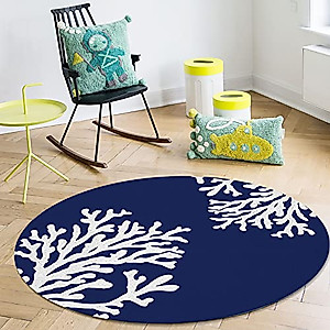 Round Area Rug 4ft Coral Beach Floor Carpets Washable Indoor Floor Area Mat Stain-Proof Mat Non-Skid Rugs for Living Room Dining Kitchen Bedroom Nursery, Ocean Theme Navy Blue Nautical Rug
