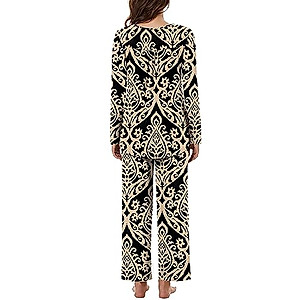 Bestbee Womens Pajama Set, 2 Piece Lounge Outfits Pleated Sleepwear Sets Long Sleeve With Pockets Ladies Pjs, L, Floral Khaki-black