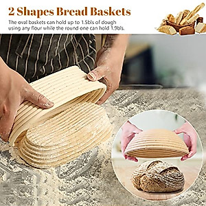 Bread Proofing Basket, ELVASEN 9" Round & 9.8" Oval Bread Making Tools Set of 2 - Bread Making Kit Include Bread Proofing Baskets, Linen Cloth Liner, Scraper, Basting Brush