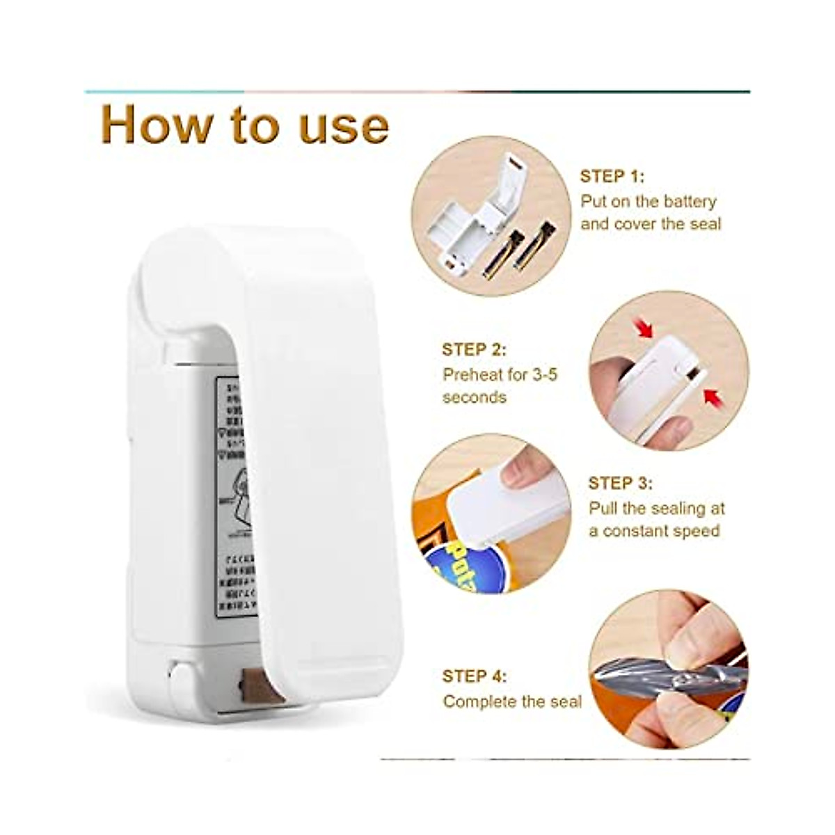 Portable Bag sealing machine mini magical sealer - latest upgraded snack sealer seals the bag to keep it fresh, small in size magnet attached to mount only takes 2 AA batteries and gently operate without any button. Perfect for bags of snacks