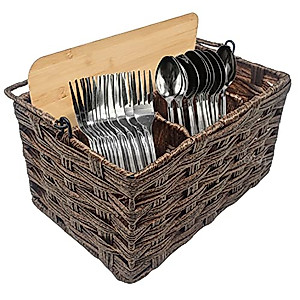 Kovot Poly-Wicker Woven Cutlery Storage Organizer Caddy Tote Bin Basket for Kitchen Table, Cabinet, Pantry, Indoor & Outdoor - Woven Polypropylene | Measures 9.5" x 6.5" x 5" (Dark Brown)