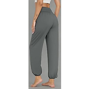UEU Women's Harem Crossover High Waisted Flowy Pants Yoga Joggers with Pockets Lounge Pajamas Casual Loose Sweatpants MidGray XL