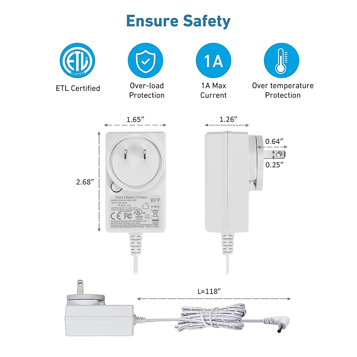 Rollerhouse 8.4V 1A Li-ion Battery Charger Power Adapter for 7.2V,7.4V 8.4V Device, with LED Indicator 3.5x1.35mm Male Plug Connector, L=118", White