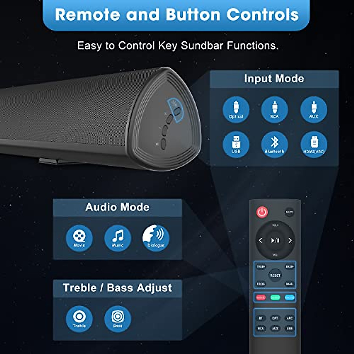 Bestisan Soundbar, TV Sound bar with Bluetooth 5.0, Optical AUX HDMI Connection, 28 Inch,3 EQs, 110dB Surround Sound Bar Home Theater Audio Soundbar System for TV