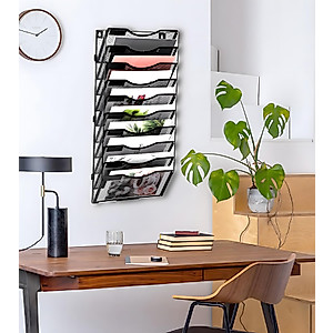 EasyPAG Mesh Wall File Holder 10 Pocket Assembly Office Hanging File Folder Organizer Magazine Rack Mail Sorter Bin | Nametag Label Included, Black