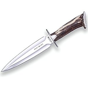 Joker Hunting Knife CN108 Colmillo, Deer Horn Handle, 8.66 inches MOVA Steel Blade, Brown Leather Sheath, Tool for Fishing, Hunting, Camping and Hiking