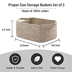 OIAHOMY Cotton Rope Baskets, Woven Baskets for Storage, Nursery Storage Baskets, Rectangle Storage Basket with Handles, Storage Baskets for Shelves, Pack of 3, Brown Variegated