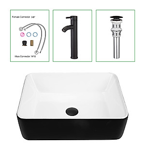 KGAR Rectangular Bathroom Sink, 19" x 15" Above Counter Porcelain Ceramic Vessel Sink with Faucet and Pop up Drain Combo,Black and White