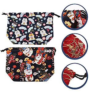 Healeved 2Pcs Japanese Style Lunch Bag Drawstring Lunch Bag Reusable Bento Box Bag Lunch Box Bag