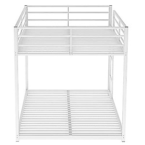 BOVZA Full Over Full Metal Bunk Bed, Low Bunk Bed with Built-in Ladder for Kids Teens Girls Boys, White