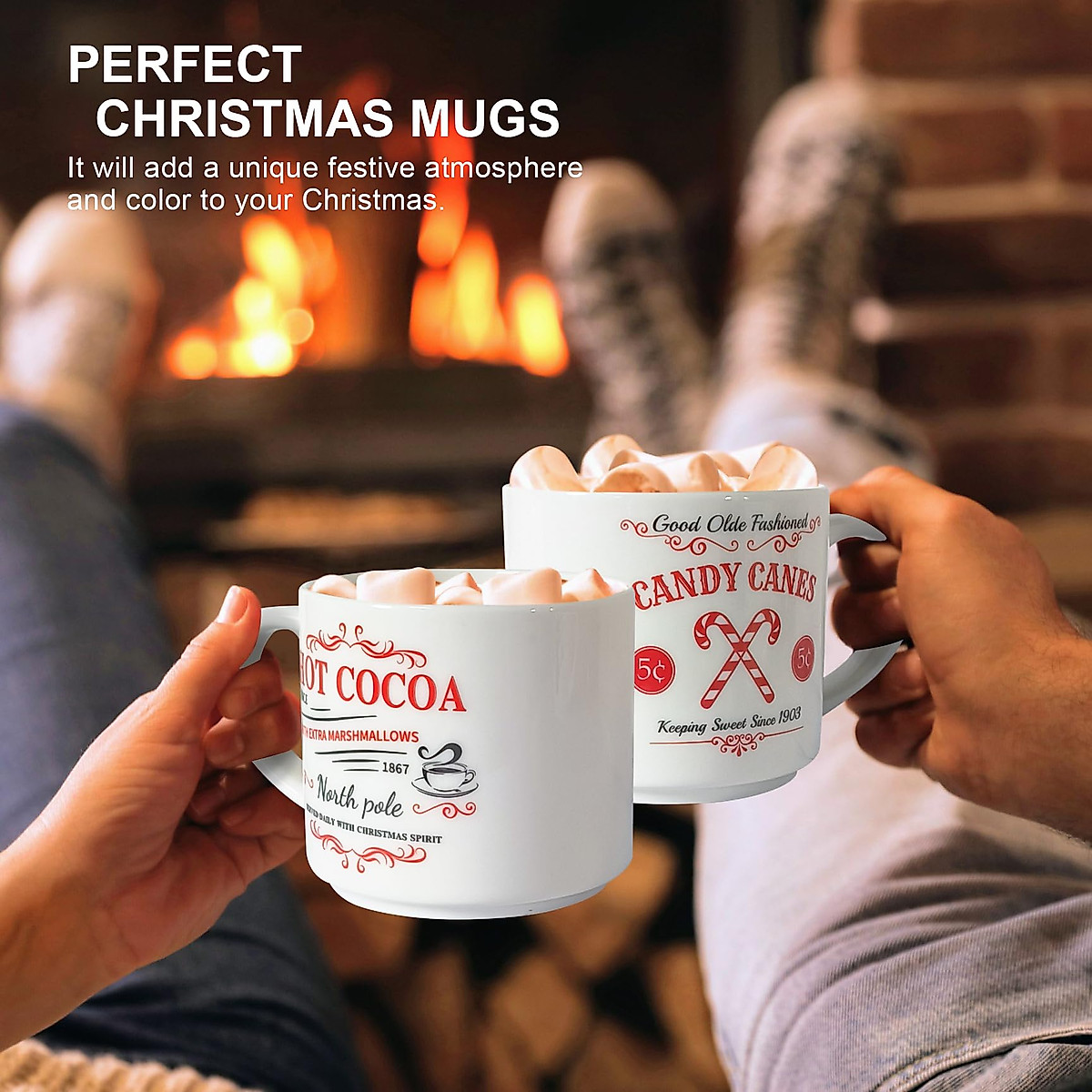 QIKSION Christmas Mug Set of 6, 16oz Hot Cocoa Ceramic Christmas Coffee Mugs, Stackable Holiday Chocolate Mugs as Christmas Gifts for Family, Friends and Colleagues
