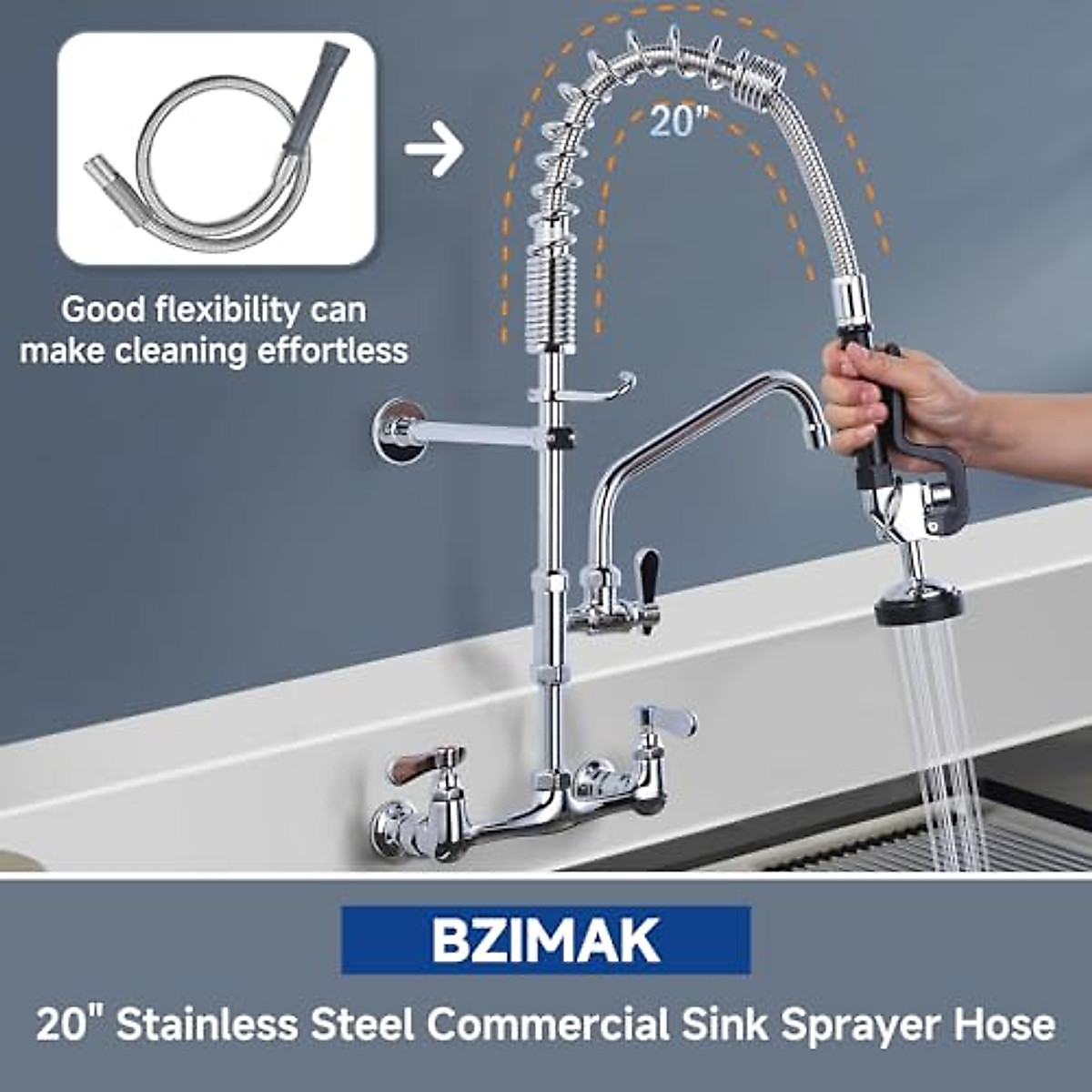 20' Sink Sprayer Hose with Non-Slip Handle, Flexible Stainless Steel Hose for Commercial Kitchen Faucet