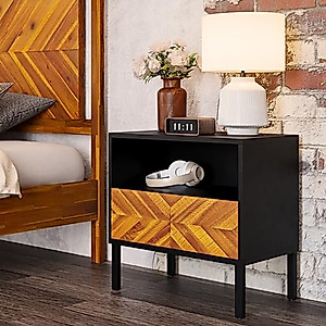 Bme Vivian Solid Wood Nightstand, End Table, Bedside Table with Herringbone Pattern for Rustic Bedroom, Easy Assembly, Rustic Golden Brown and Black