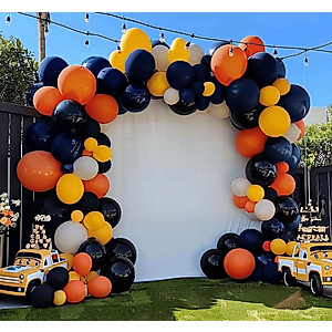 Race Car Balloon Arch - Blue Black Yellow Balloons Double Stuffed Black White Sand Yellow Balloons Navy Blue Orange Beige Balloon Garland Kit for Race Car Fire Truck Birthday Baby Shower Party Decor