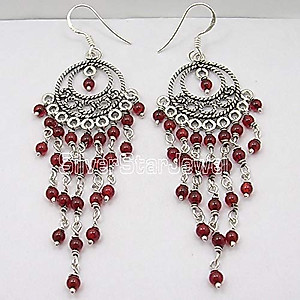 SilverStarJewel 925 Sterling Silver Natural Cabochon Carnelian Long Earrings 3.1" New Art