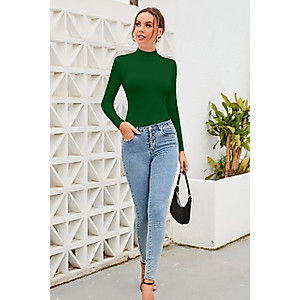 SHEIUGU Women’s Long Sleeve Mock Turtle Neck Tops Basic Stretchy Fitted Underwear Layer Tee Shirts(Dark Green 01-X-Large)