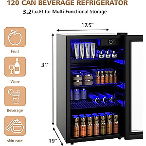 ORALNER Beverage Refrigerator Cooler, 120-Can Beverage Center w/Glass Door & Adjustable Shelf, Blue LED Light, 3.2 Cu.Ft Drink Wine Cooler for Beer Pop Soda, Mini Fridge for Basement, Garage, Dorm