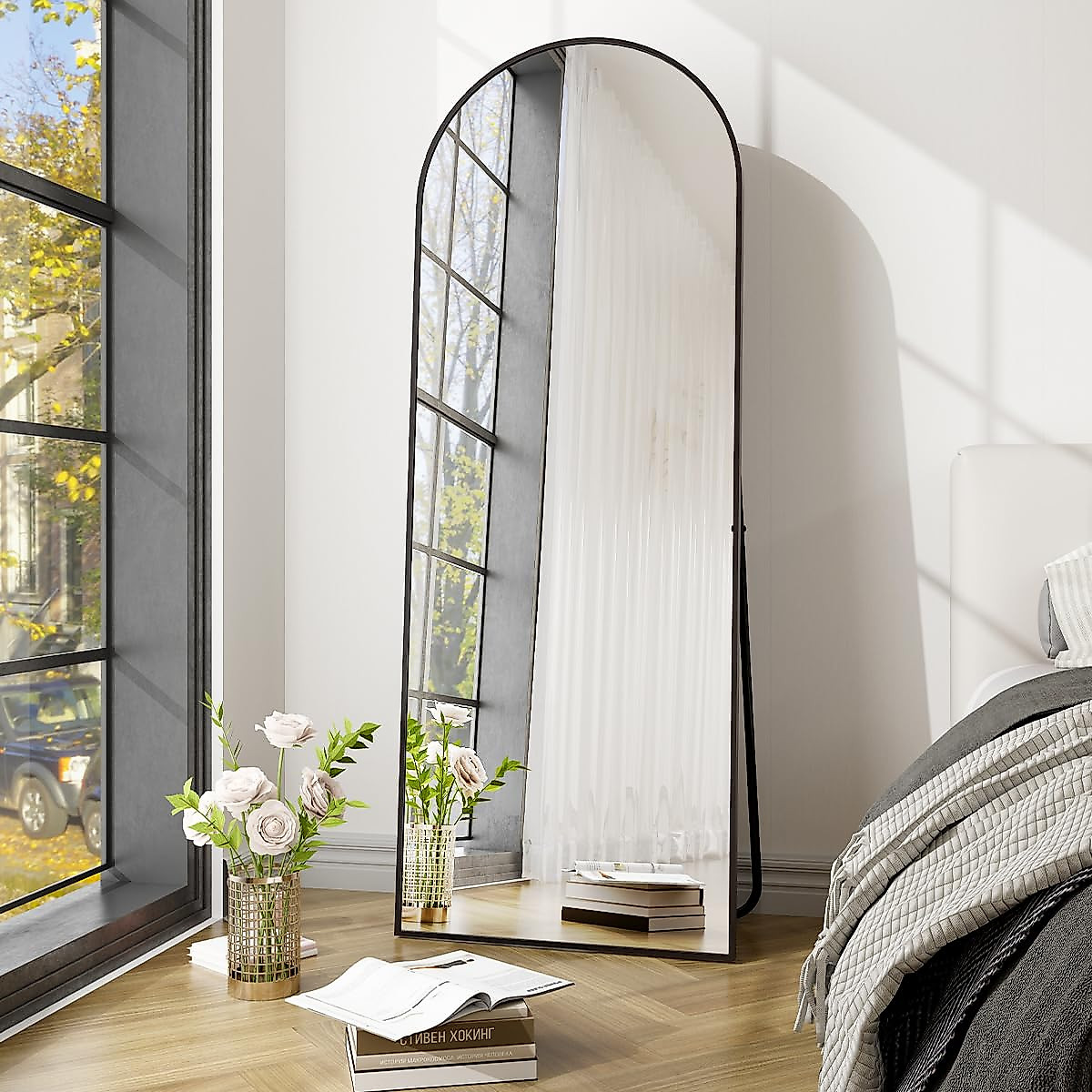 GLSLAND-58x18 inch Arched Full Length Mirror-Aluminum Alloy Frame High Definition-Full Body Mirror for Bedroom or Living Room