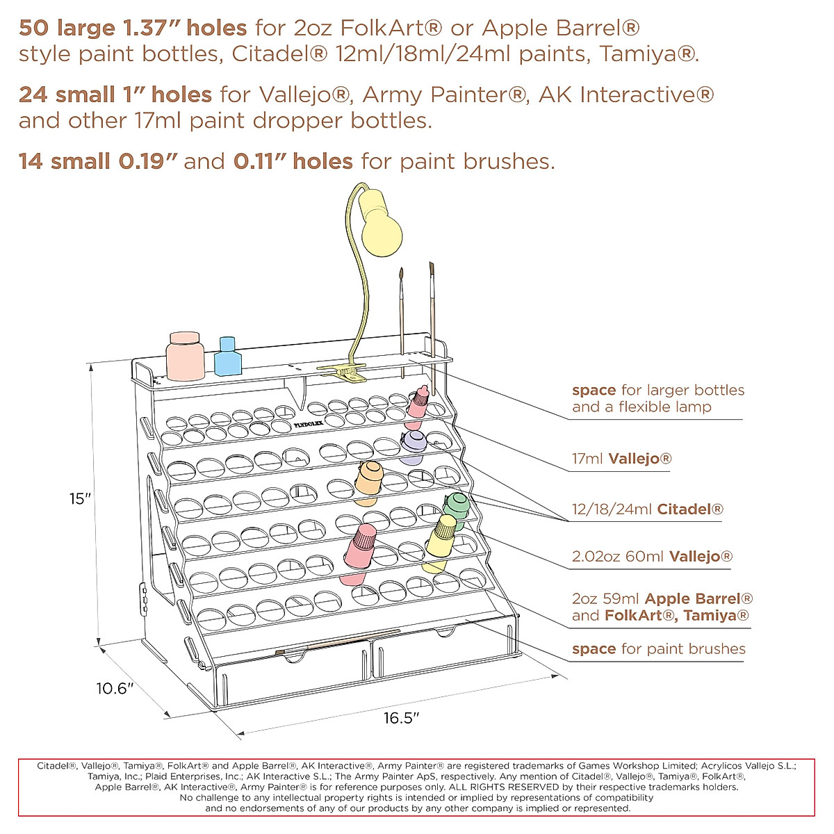 Plydolex Wooden Paint Organizer for 74 Bottles of Paints and 14 Paint Brushes - Paint Rack with 2 Cabinets for Art Tools and 6 Miniature Stands - Modular Paint Rack for Miniature Paint Set