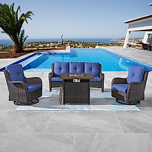Patio Furniture 4 Piece, All-Weather PE Wicker Outdoor Furniture Set with Fire Pit Table,Outdoor Patio Furniture with Swivel Rocking Chairs