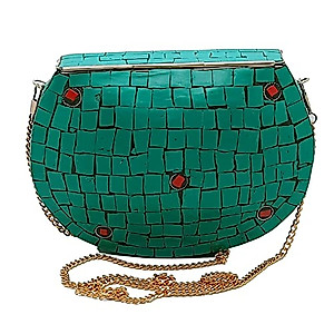 Trend Overseas Ethnic Antique Indian Handmade Mosaic Stone Chip Bag Bridal Clutch, Green, M