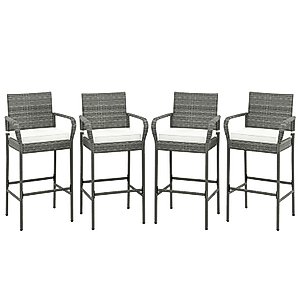 COSTWAY Wicker Bar Stools Set of 4, Patio Bar Height Chairs with Cushions, Armrests and Footrests, Outdoor Rattan Barstools for Backyard, Deck, Pool, 400 lbs Max Load, Mix Gray (4)