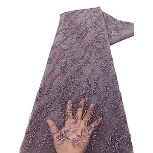 Tngan Embroidered Sequin African Lace Heavy Craft Beading Glitter Floral French Tulle Net Fabric for Trailing Dress, 5 Yards, Black