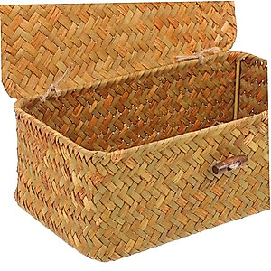 Ipetboom Desktop Stand Woven Baskets 1 Woven Basket Straw Basket with Lid Basket Box Rattan Desktop Clothes Sundries Storage Box for Home Decor (S) Storage Drawers Small Basket