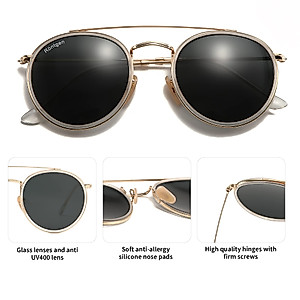 CONRAD RONTGEN Retro Round Sunglasses for Women Men Double Bridge UV400 Protection Gold Frame Black Lens