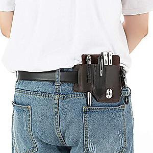 PUOSUO Multitool Sheath for Belt,EDC Letaher Multitool Sheath,Leather Flashlight Holster,Handmade 3 Pockets Organizer Sheath for Tactical pens,Tools, Leather EDC Pocket Organizer (Deep Brown)