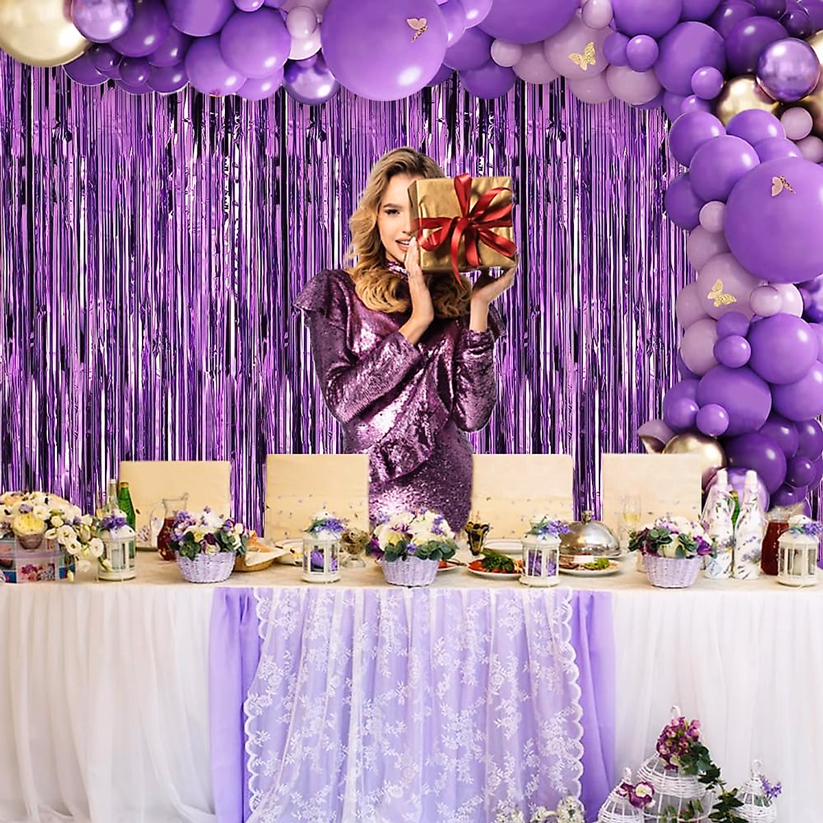 AIBIIN 2 Pack of 3.3x6.6ft Purple Foil Fringe Curtain Purple Streamers Backdrop Curtains for Purple Party Decorations Purple Wedding Birthday Bachelorette New Year Decor Photo Shoot Props