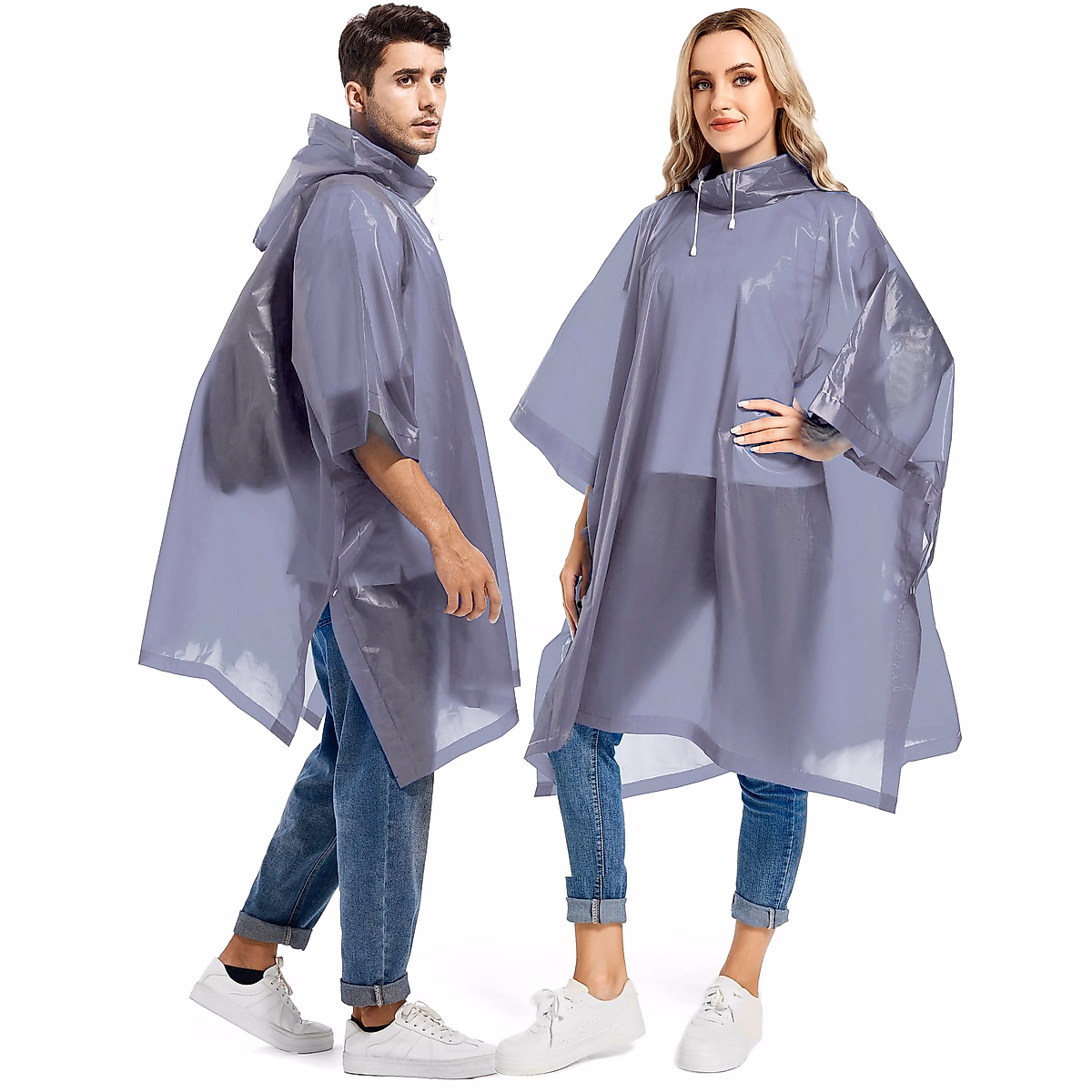 Borogo 2 Pack Rain Ponchos for Adults Reusable - Raincoats Survival Emergency Heavy Duty Rain Coat with Drawstring Hood Grey