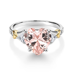 Gem Stone King 925 Silver and 10K Yellow Gold 10MM Heart Gemstone Birthstone White Moissanite and White Diamond Engagement Ring For Women | Available in Size 5,6,7,8,9