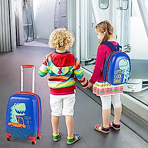 Olakids Kids Luggage Set, 12’’ Travel Backpack and 18’’ Carry on Suitcase with Rolling Spinner Wheels for Children Boys Girls, 2 Pcs Trolley Case Gift for Toddlers (Blue Dinosaur)