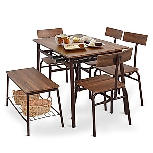 Dporticus 6 Piece Industrial Dining Set for Kitchen Dining Room w/Storage Rack,Wooden Dining Table,4 Ergonomic Chair & 1 Bench,Stainless Steel Frame,Brown