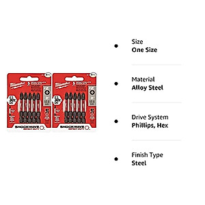 Milwaukee 48-32-4602 Power Bit, 2 Drive, Phillips Drive, 1/4 in Shank, Hex Shank, Steel, Sold as 2 Pack, 10 Count Total