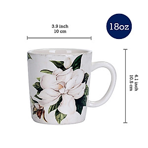 Bico Magnolia Floral Ceramic Mugs, Set of 4, for Coffee, Tea, Drinks, Microwave & Dishwasher Safe
