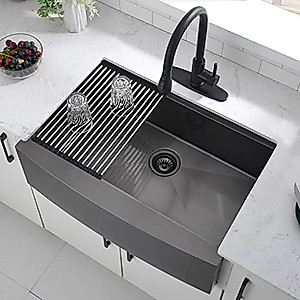 33 Black Farmhouse Kitchen Sink Workstation- Wesliv 33x21 Stainless Steel Farmhouse Apron Front Workstation Kitchen Sink 16 Gauge R10 Deep Single Bowl Farm Sink with Cutting Board