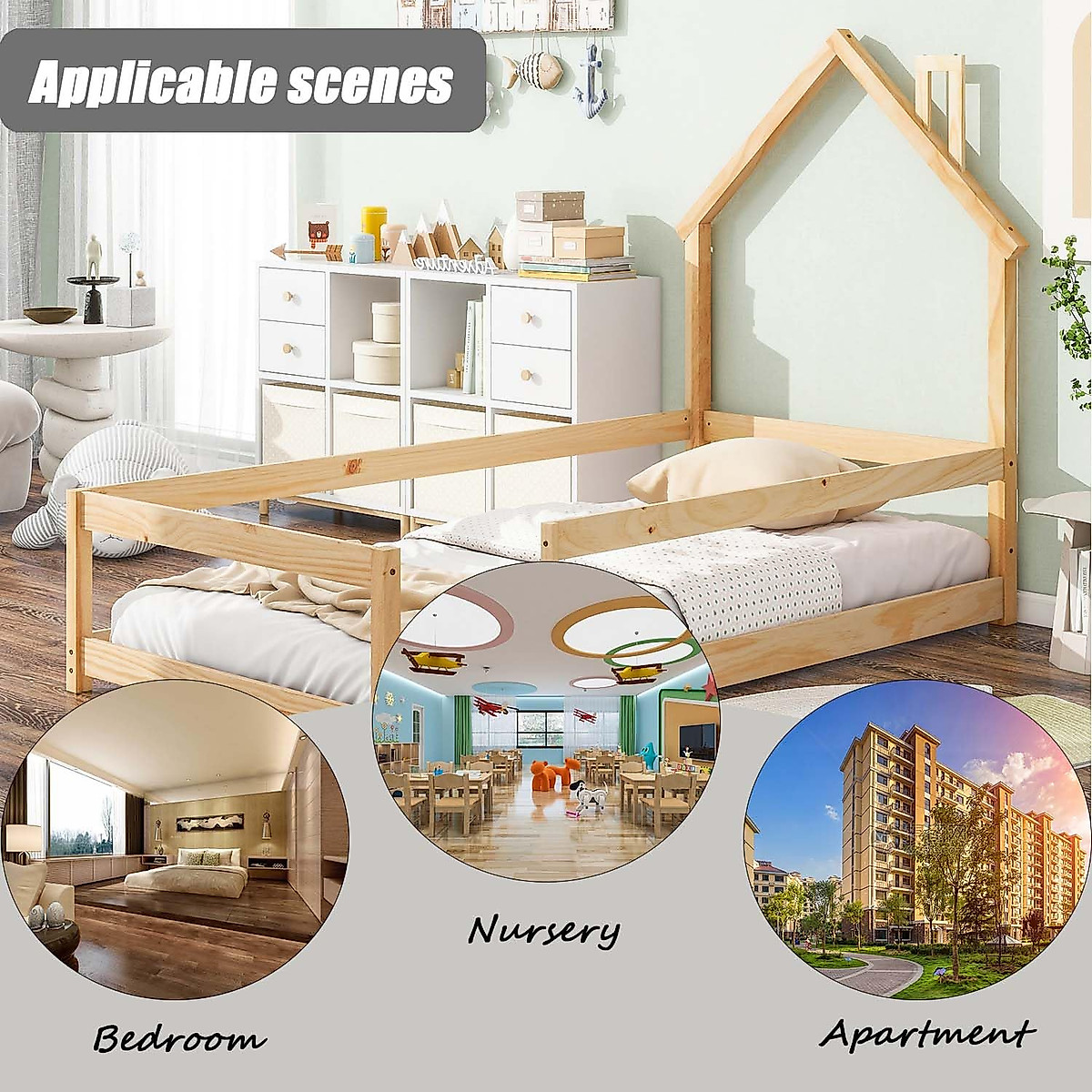 Altillo Twin Size Wood Montessori Floor Bed Frame with House-Shaped Headboard and Fence, Wooden Platform Bed Frame with Guardrails for Children Girls Boys (Natural)