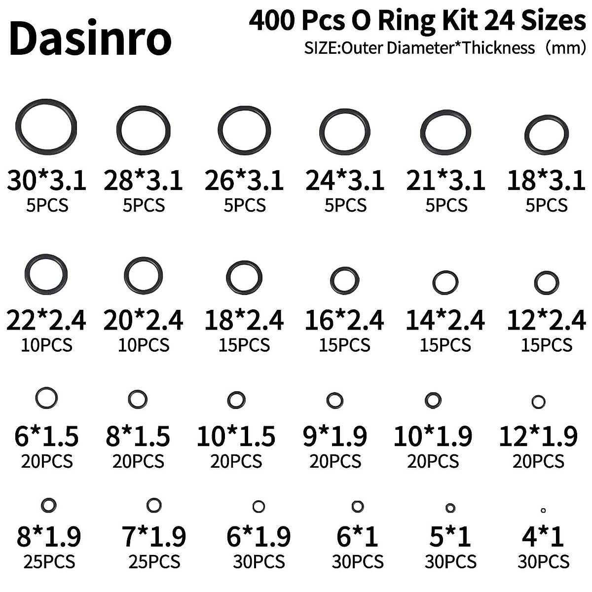 400 Pcs Rubber O-Rings Assortment Kit, 24 Sizes Rubber O-Ring Sealing Seal Assortment Set for Faucet, Hose, Automotive Repair, Plumbing, Gas, O Rings Kit