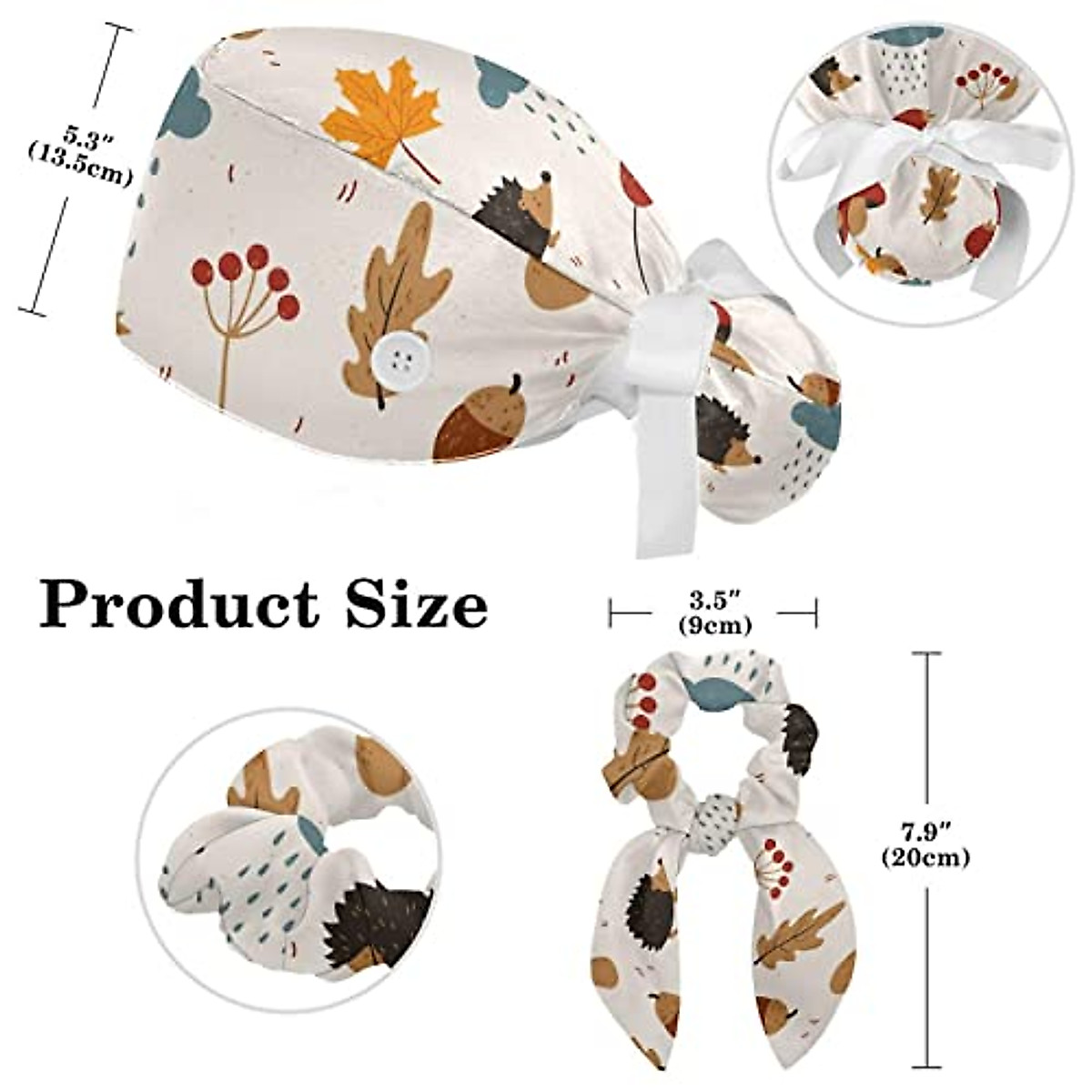 Hedgehogs Acorns Maple Leaves Mushroom Adjustable Working Cap with Buttons/Bow Hair Scrunchy with Sweatband Washable