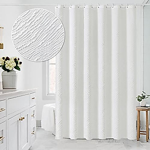 MitoVilla White Modern Fabric Shower Curtain, Farmhouse Waves Cloth Shower Curtains for Neutral Hotel Bathroom Decor, 3D Geometric Embossed Textured, Durable & Wrinkle Resistant, 72 x 72