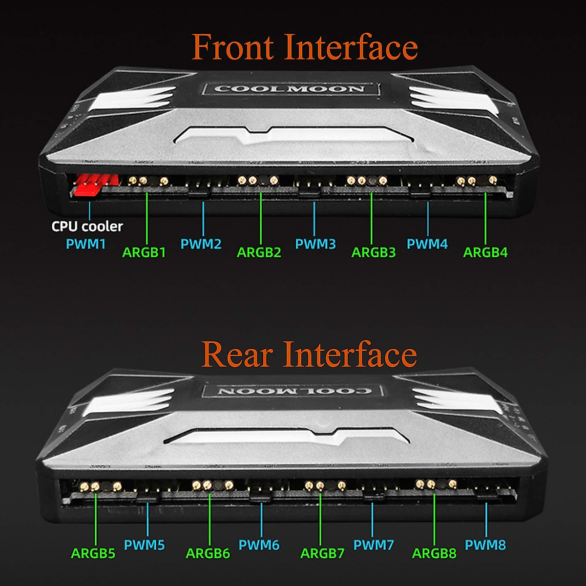 KLLsmDesign Pwm Fan Temperature Controller Integrator, Remote Control Computer RGB Light Adapter, 8 * 4 Pin Fan Speed Controller Ports, 10 * 5v 3pin A-RGB Ports with Magnet （Black）